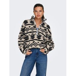 Sweatshirt Only "ONLJANNE AZTEC TEDDY L/S HALFZIP CC SWT", Damen, Gr. XS, birch aop:aztec, Pl&uuml;sch, Obermaterial: 100% Polyester, bedruckt, regular fit, elastischer Bund, Sweatshirts Sweatshirt