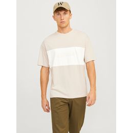 Jack & Jones Rundhalsshirt JACK & JONES "JJELEGACY BLOCKING TEE SS O-NECK NOOS", Herren, Gr. XS, grau (moonbeam detail:blocking), Jersey, Obermaterial: 100% Baumwolle, Colorblocking, loose fit, Rundhals, Shirts Rundhalsshirt