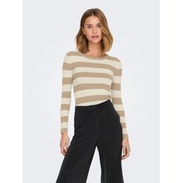 Jacqueline de Yong Rundhalspullover JDY "JDYPLUM L/S O-NECK PULLOVER KNT NOOS", Damen, Gr. M, beige (humus stripes:birch), Strick, Obermaterial: 80% Viskose, 20% Nylon, geringelt, gestreift, figurbetont h&uuml;ftlang, Rundhals, Strickkante, Pullover Rundhalspullover