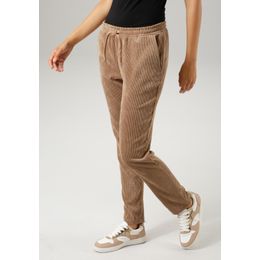 Schlupfhose Aniston CASUAL, Damen, Gr. 48, N-Gr, braun (camelfarben), Cord, Obermaterial: 88% Polyester, 10% Polyamid, 2% Elasthan, Strukturmuster, leicht gl&auml;nzend, unifarben, figurumspielend kn&ouml;chelfrei, Hosen Schlupfhose, aus trendigem, elastischen Cord