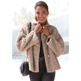 Fellimitatjacke Lascana, Damen, Gr. 34, grau (taupe), Pl&uuml;sch, Obermaterial: 100% Polyester, unifarben, figurumspielend h&uuml;ftlang, Jacken Fellimitatjacke, mit Lederimitat-Eins&auml;tzen, Sherpa-Jacke aus Teddypl&uuml;sch mit Taschen