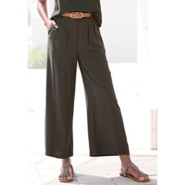 Bundfaltenhose Lascana, Damen, Gr. 46, N-Gr, gr&uuml;n (khaki), Web, Obermaterial: 85% Viskose, 15% Leinen, unifarben, figurumspielend lang, Hosen Bundfaltenhose, mit Taschen und Knopfdetail, weites Bein, Leinenhose, Sommerhose, Topseller