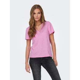 V-Shirt Only "ONLBENITA S/S V-NECK TOP JRS", Damen, Gr. XS (34), pink (begonia pink), Single Jersey, Obermaterial: 60% Baumwolle, 40% Polyester, unifarben, regular fit, V-Ausschnitt, Shirts V-Shirt