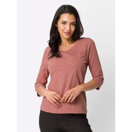 3/4-Arm-Shirt "Freizeitshirt", Damen, Gr. 50, rot (hummer, beige), 100% Baumwolle, gemustert, mehrfarbig, V-Ausschnitt, Shirts 3/4-Arm-Shirt