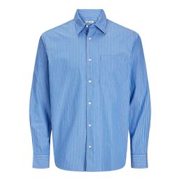 Jack & Jones Langarmhemd JACK & JONES "JJECODY POPLIN SHIRT LS SN", Herren, Gr. M, N-Gr, blau (medieval blau), Web, Obermaterial: 100% Baumwolle, gestreift, relaxed fit taillenbedeckt, ohne Ausschnitt, Manschette, Hemden Langarmhemd, mit Streifen Muster