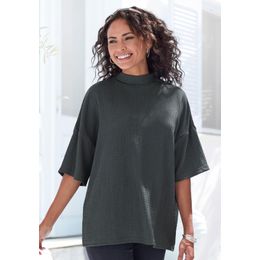 Kurzarmshirt Lascana "mit Stehkragen", Damen, Gr. 52/54, gr&uuml;n (graugr&uuml;n), Cr&ecirc;pe, Obermaterial: 97% Polyester, 3% Elasthan, unifarben, l&auml;ssig geschnitten, Shirts Kurzarmshirt, aus b&uuml;gelfreier Cr&ecirc;pe-Qualit&auml;t, Topseller
