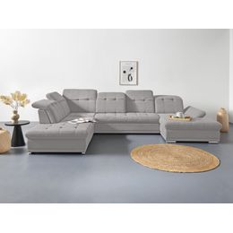 Wohnlandschaft COTTA "Holiday U-Form mit Sitztiefen-, Armteil- und Kopfteilverstellung", grau (stone), B:386cm H:86cm T:265cm, 100% Polyester, Sofas, Wohnlandschaft, wahlweise mit Bettfunktion & Bettkasten