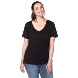 T-Shirt sheego "T-Shirt", Damen, Gr. 56/58, schwarz, 100% Baumwolle, unifarben, V-Ausschnitt, Shirts T-Shirt