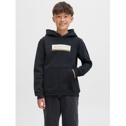 Jack & Jones Kapuzensweatshirt JACK & JONES JUNIOR "JORINWOOD BLOCK BRANDING SWEAT NOOS JNR", Jungen, Gr. 152, schwarz, angeraute Sweatware, Obermaterial: 70% Baumwolle, 30% Polyester, bedruckt, relaxed fit, Rippb&uuml;ndchen, Sweatshirts Kapuzensweatshirt