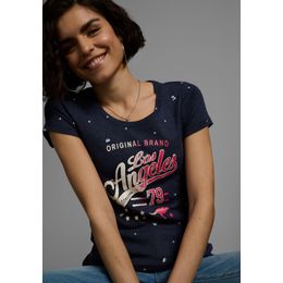 T-Shirt Kangaroos, Damen, Gr. 36/38, blau (marine, meliert, bedruckt), Rippware, Obermaterial: 60% Baumwolle, 40% Polyester, bedruckt, meliert, figurbetont h&uuml;ftbedeckend, Rundhals, Shirts T-Shirt, Kurzarm, figurbetonte Passform, aus 100% Baumwolle