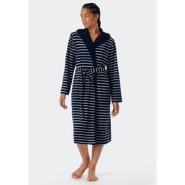 Bademantel Schiesser "Feather Terry", Damen, Gr. XL, blau (navy), Baumwoll-Mix, Midil&auml;nge, Hausm&auml;ntel Bademantel, Bindeg&uuml;rtel, Kapuze, Seitentaschen, Regular Fit, Frottee, weich