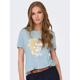 Kurzarmshirt Only "ONLFREE LIFE REG S/S LEAF TOP BOX JRS", Damen, Gr. S (36), blau (cashmere blau print:stay true), Single Jersey, Obermaterial: 70% Modal, 30% Polyester, bedruckt, regular fit, Rundhals, Shirts Kurzarmshirt