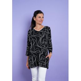 Longshirt Seidel Moden, Damen, Gr. 50, schwarz, Jersey, Obermaterial: 96% Viskose, 4% Elasthan, bedruckt, tailliert Po-bedeckend, V-Ausschnitt, gerader Abschluss, Shirts Longshirt, mit grafischem Print - Seidel Moden