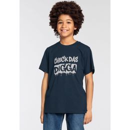 T-Shirt Kidsworld "Spr&uuml;cheshirt: CHECK DAS DIGGA", Jungen, Gr. 128/134, blau (marine), Single Jersey, Obermaterial: 100% Baumwolle, bedruckt, Basic, Rundhals, Shirts T-Shirt, Kurzarm, Basic-Passform, bedruckt, Rundhalsausschnitt