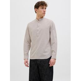 Jack & Jones Langarmhemd JACK & JONES "JJESUMMER HALF PLACKET SHIRT LS SN", Herren, Gr. S, N-Gr, beige (crockery), Web, Obermaterial: 83% Baumwolle, 17% Leinen, unifarben, comfort fit taillenbedeckt, ohne Ausschnitt, Manschette, Hemden Langarmhemd, mit Bandkragen