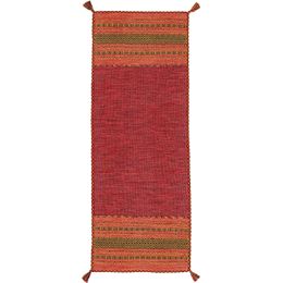 Teppich CarpetFine "Kelim Azizi, auch als L&auml;ufer erh&auml;ltlich", rot, B:80cm H:5mm L:500cm, Baumwolle, Teppiche, Teppich, handgewebt, Baumwolle, Wendeteppich mit Fransen, Fleckerl, Wohnzimmer