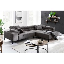 Ecksofa Home Affaire "Ancona New, wahlweise motorische Sitztiefenverstellung, auch in Cord", schwarz (dunkelgrau), B:321cm T:216cm, : 88% Polyester, 12% Polyacryl, Sofas, Ecksofa, feine Steppung, mit Kopfteilverstellung, 3 Zierkissen, L-Form