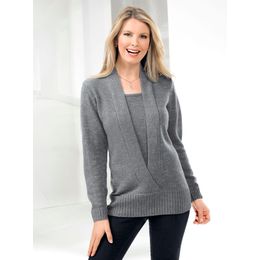 2-in-1-Pullover Classic Basics "Pullover", Damen, Gr. 46, grau (grau, meliert), 90% Polyacryl, 10% metallisierte Fasern, meliert, figurumspielend, Pullover 2-in-1-Pullover