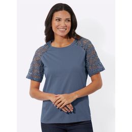 Spitzenshirt "Spitzenshirt", Damen, Gr. 42, blau (rauchblau), 100% Baumwolle, Spitze:100% Baumwolle, 100% Polyester, unifarben, Rundhals, Shirts Spitzenshirt