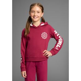Kapuzensweatshirt Kidsworld "Shirt mit &Auml;rmelprint", M&auml;dchen, Gr. 152/158, rot (bordeaux), Sweatware, Obermaterial: 100% Baumwolle, bedruckt, Basic taillenbedeckt, B&uuml;ndchen, Sweatshirts Kapuzensweatshirt, Langarm, mit stylischem Print, mit Kapuze, aus Baumwolle