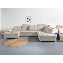 Wohnlandschaft COTTA "Holiday U-Form mit Sitztiefen-, Armteil- und Kopfteilverstellung", beige, B:386cm H:86cm T:265cm, 100% Polyester, Sofas, Wohnlandschaft, wahlweise mit Bettfunktion & Bettkasten