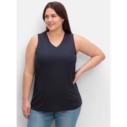 Tanktop sheego, Damen, Gr. 52, blau (tiefblau), 50% Baumwolle, 50% Modal, unifarben, V-Ausschnitt, Tops Tanktop