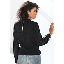 V-Ausschnitt-Pullover Lascana, Damen, Gr. 44/46, schwarz, Rippstrick, Obermaterial: 77% Polyacryl, 19% Polyester, 4% Elasthan, unifarben, figurumspielend h&uuml;ftlang, V-Ausschnitt, Pullover V-Ausschnitt-Pullover, mit Zierperlen im R&uuml;cken, femininer Strickpullover, Topseller