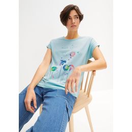 T-Shirt bonprix "Shirt mit Pusteblumen", Damen, Gr. 48/50 (XL), blau (polarmint bedruckt), Single Jersey, Obermaterial: 100% Baumwolle, bedruckt, bequem, Rundhals, mit Umschlag, Shirts T-Shirt, bequeme Passform, Kurzarm-Design, aus Baumwolle