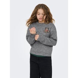 Strickpullover KIDS Only "KOGTEDDY L/S PULLOVER KNT NOOS", M&auml;dchen, Gr. 134/140, medium grau melange detail:teddy, Strick, Obermaterial: 70% Polyacryl, 30% Polyester, bestickt, regular fit normal, Rundhals, Rippb&uuml;ndchen, Pullover Strickpullover, Kunstfaser, regular fit