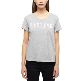 Rundhalsshirt Mustang "ALMA", Damen, Gr. XS, grau (midgraumelange), Jersey, Obermaterial: 100% Baumwolle, bedruckt, regular fit normal, Rundhals, Shirts Rundhalsshirt, mit Logo Print