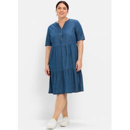 Jeanskleid sheego "Jeanskleid", Damen, Gr. 54, Normalgr&ouml;&szlig;en, blau (blau denim), 100% Baumwolle, unifarben, knielang, V-Ausschnitt, Kleider Jeanskleid