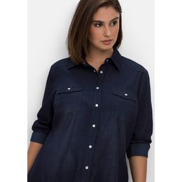 Jeansbluse sheego, Damen, Gr. 48, blau (dunkelblau denim), 100% Baumwolle, unifarben, V-Ausschnitt, Blusen Jeansbluse