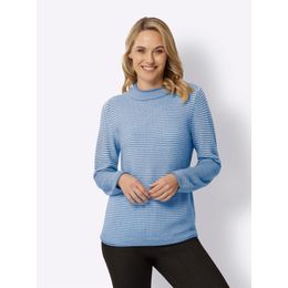 Stehkragenpullover Classic Basics "Stehkragen-Pullover", Damen, Gr. 56, blau (mittelblau, ecru, geringelt), 100% Polyacryl, gemustert, gestreift, mehrfarbig, Pullover Stehkragenpullover