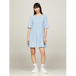 Blusenkleid Tommy Jeans CURVE "TJW CHAMBRAY A-LINE SS DRESS EXT", Damen, Gr. 5XL, N-Gr, blau (denim medium), Web, Obermaterial: 100% Baumwolle, unifarben, A-Linie, Rundhals, Kleider Blusenkleid, Gro&szlig;e Gr&ouml;&szlig;en