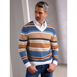 V-Ausschnitt-Pullover CLASSIC "Pullover", Herren, Gr. 58, beige (beige, mittelblau, gemustert), 100% Polyacryl, gemustert, gestreift, mehrfarbig, Pullover V-Ausschnitt-Pullover