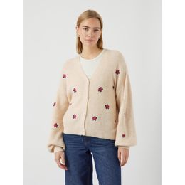 Strickjacke Y.A.S "YASFLEUR LS KNIT CARDIGAN S. NOOS", Damen, Gr. M, birch detail:bouquet flower, Strick, Obermaterial: 52% Polyester, 26% Polyacryl, 10% Nylon, 9% Wolle, 3% Elasthan, bedruckt, regular fit h&uuml;ftbedeckend, V-Ausschnitt, Rippb&uuml;ndchen, Strickjacken Strickjacke