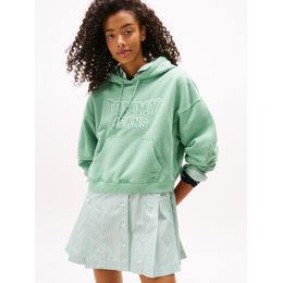 Kapuzensweatshirt Tommy Jeans "TJW BXY CRP VARSITY HOODIE", Damen, Gr. XS (34), cloudy jade, Sweatware, Obermaterial: 100% Baumwolle, bedruckt, Sweatshirts Kapuzensweatshirt
