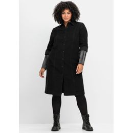 Blusenkleid sheego "Cord-Kleid", Damen, Gr. 48, Normalgr&ouml;&szlig;en, schwarz, 100% Baumwolle, unifarben, knielang, V-Ausschnitt, Kleider Blusenkleid