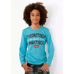 Langarmshirt Kidsworld "THEORETISCH KANN ICH PRAKTISCH ALLES", Jungen, Gr. 176/182, blau (t&uuml;rkis), Jersey, Obermaterial: 100% Baumwolle, bedruckt, Basic, Shirts Langarmshirt, Langarm, Basic-Passform, mit stylischem Druck, aus Baumwolle