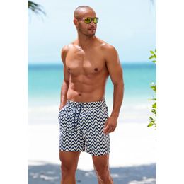 Badeshorts s.Oliver "Jeason", Herren, Gr. L, N-Gr, blau (marine bedruckt), Microfaser, Recycling-Polyester, bedruckt, Badehosen Badeshorts, im Wellendesign