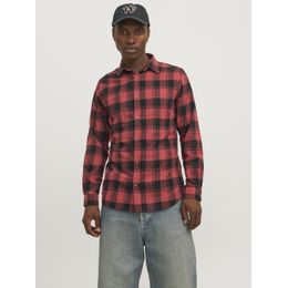 Jack & Jones Langarmhemd JACK & JONES "JJJOSHUA FALL BUFFALO SHIRT LS", Herren, Gr. S, N-Gr, rot (brick rot), Web, Obermaterial: 60% Baumwolle, 40% Polyester, kariert, slim fit, 2-Knopf-Manschette, Hemden Langarmhemd