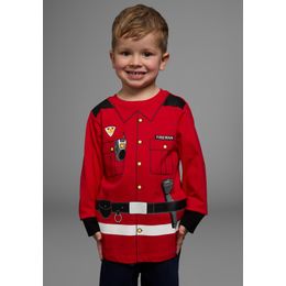 Langarmshirt Kidsworld "FEUERWEHR", Jungen, Gr. 128/134, rot, Single Jersey, Obermaterial: 100% Baumwolle, bedruckt, Basic, Rundhals, Shirts Langarmshirt, Langarm, Basic-Passform, bedruckt, Rundhalsausschnitt