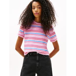Kurzarmshirt Tommy Jeans "TJW REG SH SCRIPT STRIPE TEE", Damen, Gr. XS (34), rosa (carnival pink, stripe), Single Jersey, Obermaterial: 100% Baumwolle, gestreift, normal, Rundhals, Shirts Kurzarmshirt