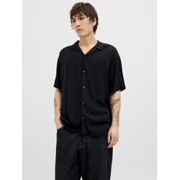 Jack & Jones Kurzarmhemd JACK & JONES "JJEJEFF SOLID RESORT SHIRT S/S SN", Herren, Gr. S, N-Gr, schwarz, Web, Obermaterial: 100% Viskose, unifarben, relaxed fit taillenbedeckt, ohne Ausschnitt, Hemden Kurzarmhemd, mit Resort Kragen