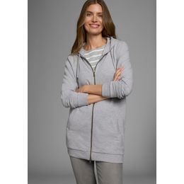 Sweatjacke Flashlights, Damen, Gr. 36/38, grau (hellgrau, meliert), Interlock, Obermaterial: 90% Baumwolle, 5% Elasthan, 5% Viskose. Kapuzenfutter: 95% Baumwolle, 5% Viskose, unifarben, Basic, l&auml;ssig geschnitten Po-bedeckend, Sweatjacken Sweatjacke, in langer Form mit Zipper