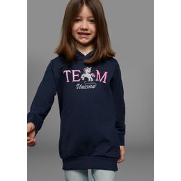 Kapuzensweatshirt Kidsworld "Longsweashirt mit Pailletten", M&auml;dchen, Gr. 104/110, blau (marine), Sweatware, Obermaterial: 100% Baumwolle, bedruckt, Basic Po-bedeckend, B&uuml;ndchen, Sweatshirts Kapuzensweatshirt, Langarm, Basic-Passform, mit modischem Druck, mit Kapuze