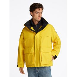 Outdoorjacke Tommy Hilfiger "REGATTA MID LENGTH JACKET", Herren, Gr. S, gelb (marigold gelb), Web, Obermaterial: 100% Polyamid, relaxed fit, mit Klettverschluss, Jacken Outdoorjacke, verstaubare Kapuze mit Rei&szlig;verschlussfach