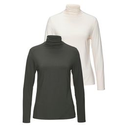 Stehkragenshirt Lascana "aus weichem Viskose-Stretch", Damen, Gr. 48/50, gr&uuml;n (graugr&uuml;n, creme), Single Jersey, Obermaterial: 95% Viskose, 5% Elasthan, unifarben, Basic, k&ouml;rpernah normal, hoch geschlossener Ausschnitt, Shirts Stehkragenshirt