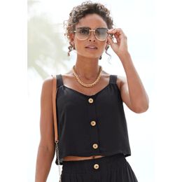 Crop-Top Vivance, Damen, Gr. 36, schwarz, Web, Obermaterial: 100% Viskose, unifarben, figurumspielend bauchfrei, Rundhals, Tops Crop-Top, mit Zierkn&ouml;pfen, luftiges Sommertop, Topseller