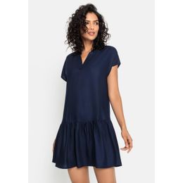 Blusenkleid s.Oliver, Damen, Gr. 38, N-Gr, blau (marine), Web, Obermaterial: 100% Viskose, unifarben, figurumspielend ca. Mitte Oberschenkel, V-Ausschnitt, Kleider Blusenkleid, mit Volant am Rock, Tunikakleid, Sommerkleid, Topseller
